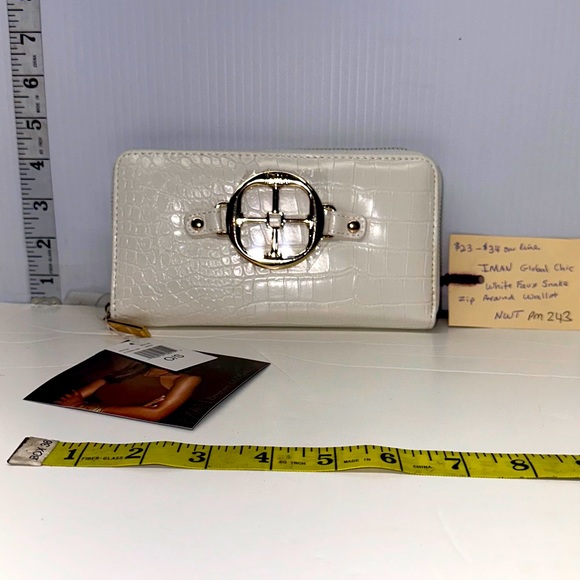 IMAN | Bags | Iman Global Chic White Faux Snake Zip Around Wallet ...